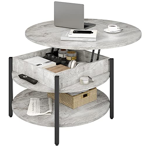 FABATO Round Lift Top Coffee Table, 33.45āā Circle Coffee Table with Storage for Living Room Reception Room, Farmhouse 2 Tier Large Round Dining Table, Wood