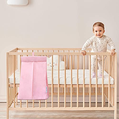 SPRINGSPIRIT Crib Skirt with Lovely Pompoms & Diaper Organizer Hanging Diaper Stacker Pink