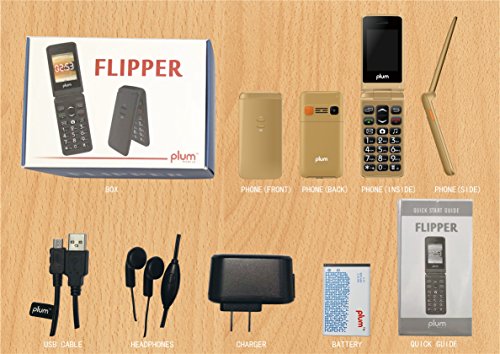 Plum Flipper - Unlocked GSM Flip Phone Big Screen Big Keypad FM Radio Camera Flash Light Tmobile MetroPCS Simple Mobile Straight Talk - Gold