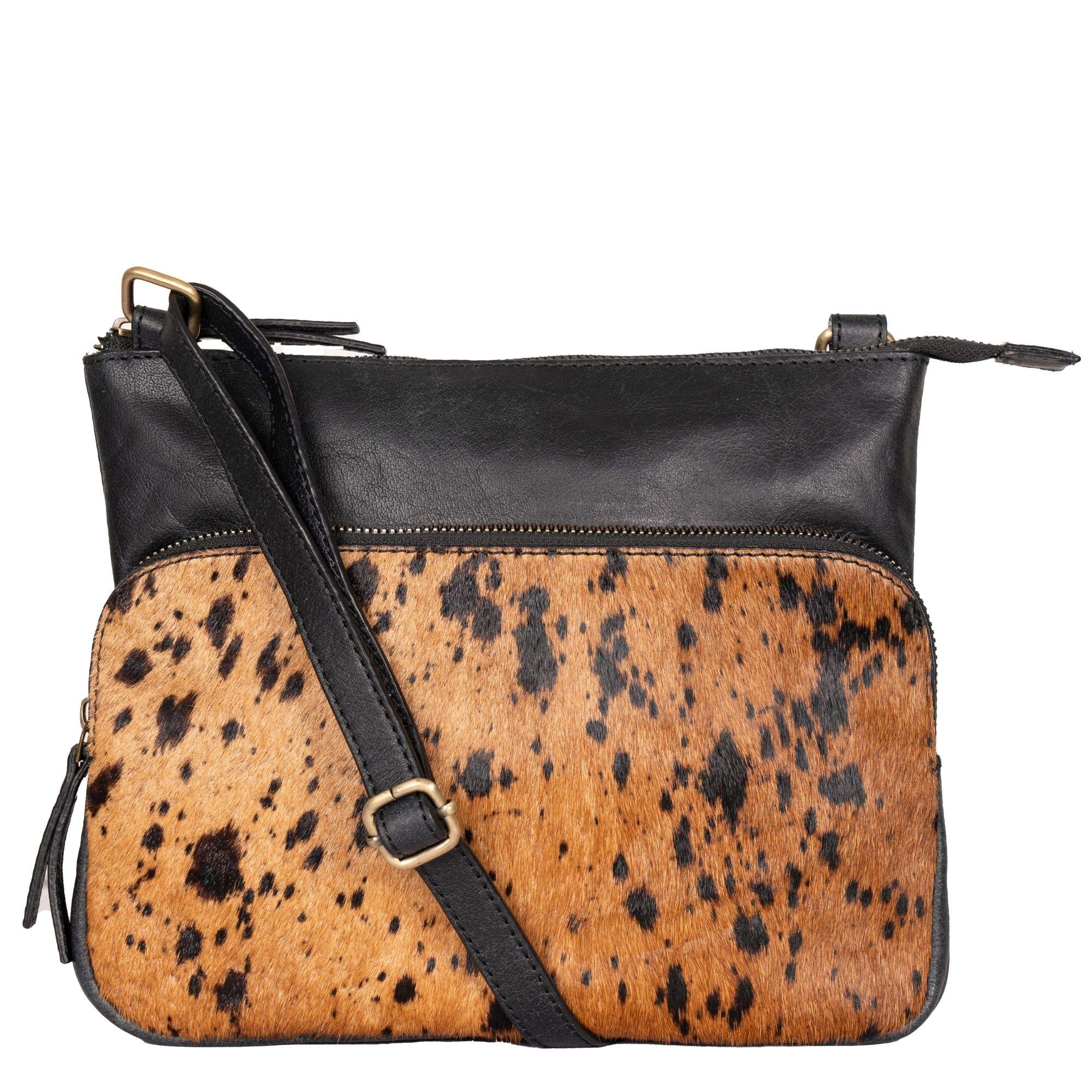Mona B Western Genuine Cowhide Leather Style Inspired Canvas Handbag for Women | Zipper Tote Bag | Crossbody Bag | Stylish Vintage Bags Women (Brown-Skylar)
