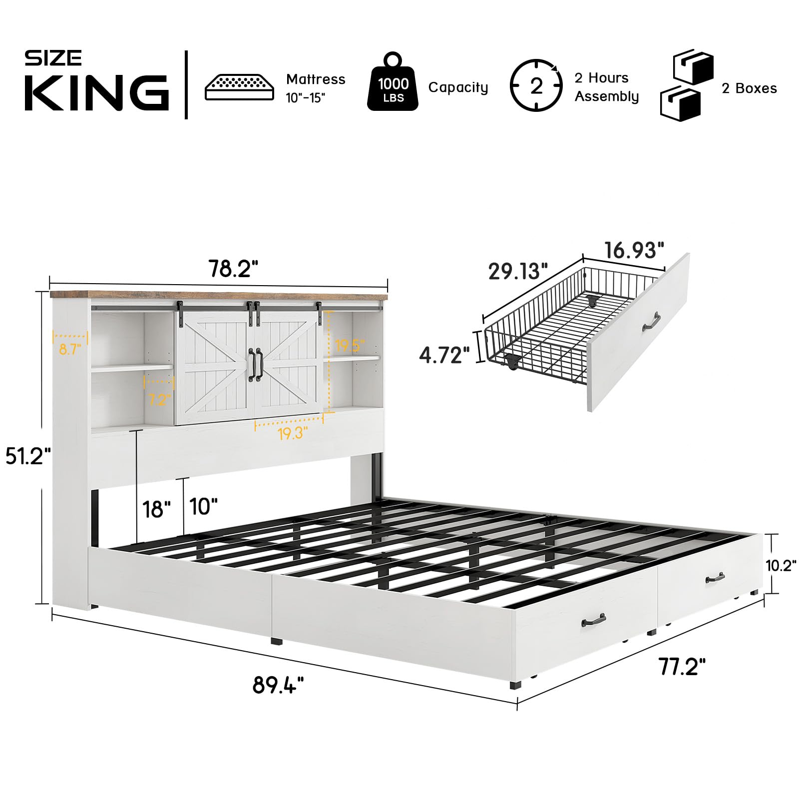 HOWE King Size Wood Platform Bed Frame with 51.2" Bookcase Headboard, Storage Bed with Sliding Barn Door Charging Station 2 Drawers, No Box Spring Needed/Farmhouse/White