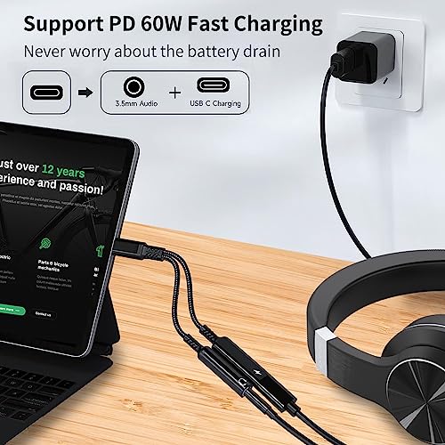Enbiawit USB C to 3.5mm Headphone and Charger Adapter, 2-in-1 USB Type C to AUX Mic Jack Dongle Cable Compatible with Galaxy S23 Ultra S22 S21 S20 S20+ Note 20,for IPad Pro(Grey)