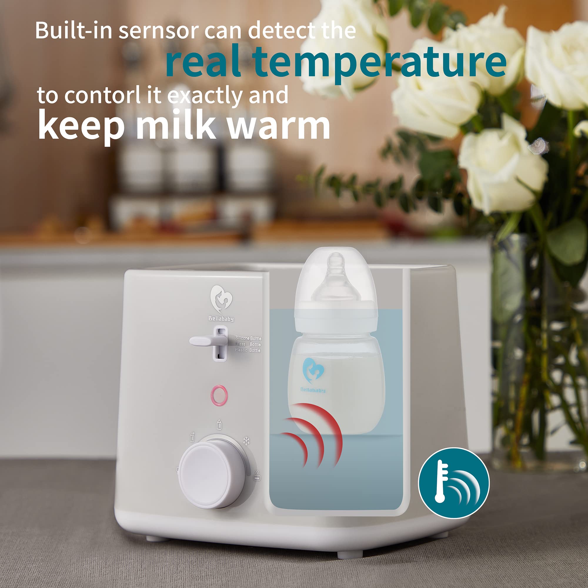 Bellababy Double Bottle Warmer, Fast Breastmilk/Formula/Food Heater, Accurate Temperature Control, Retain Nutrition Perfectly, Reminder When Bottle Ready, 24 Hours Keep Warm (Grey)