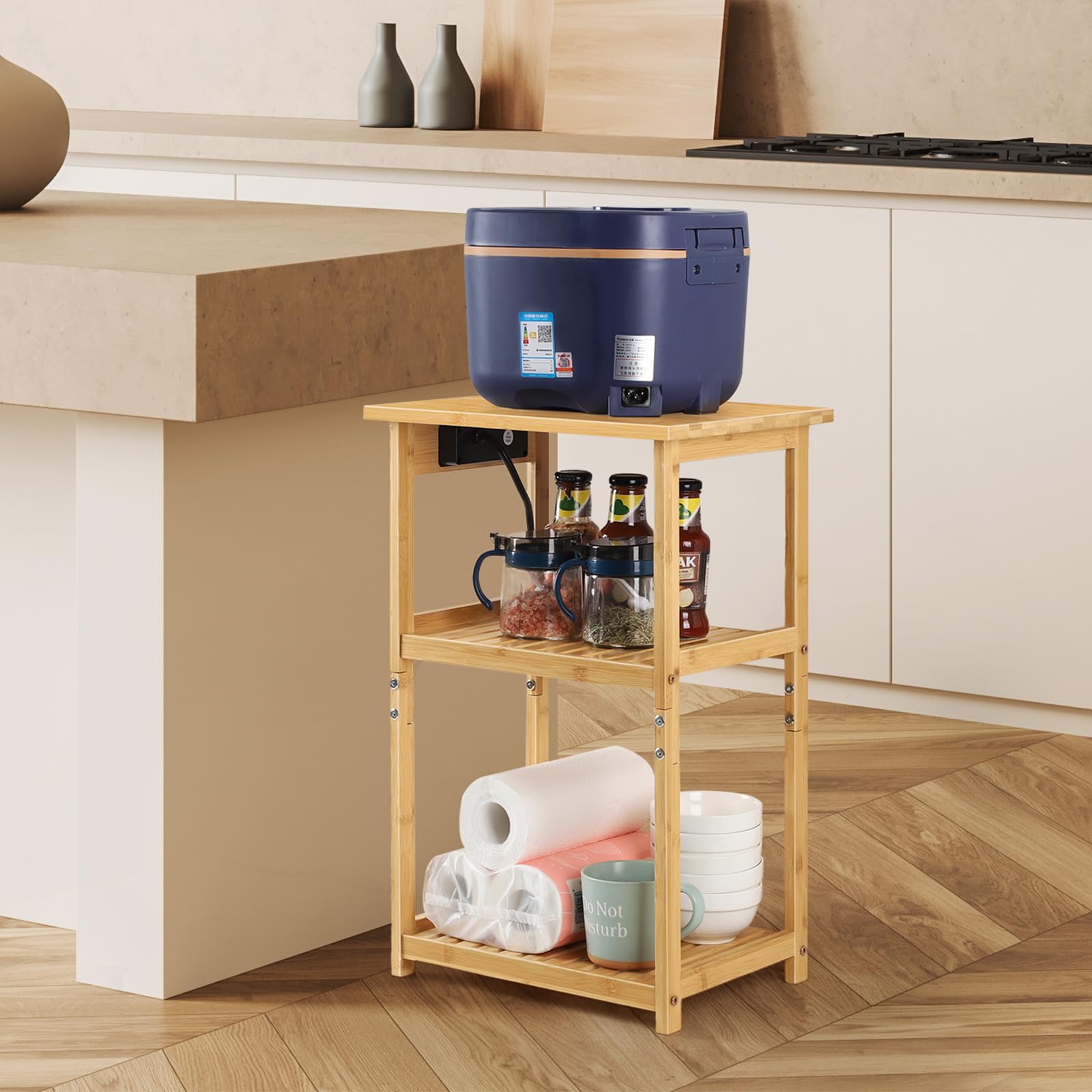 Bamboo End Table, 3 Tier End Table Side Table with Storage Shelf, Nightstand with Charging Station, Small Bedside Table with USB Ports and Outlets for Bedroom Sofa Office, 3 Tier Side Table