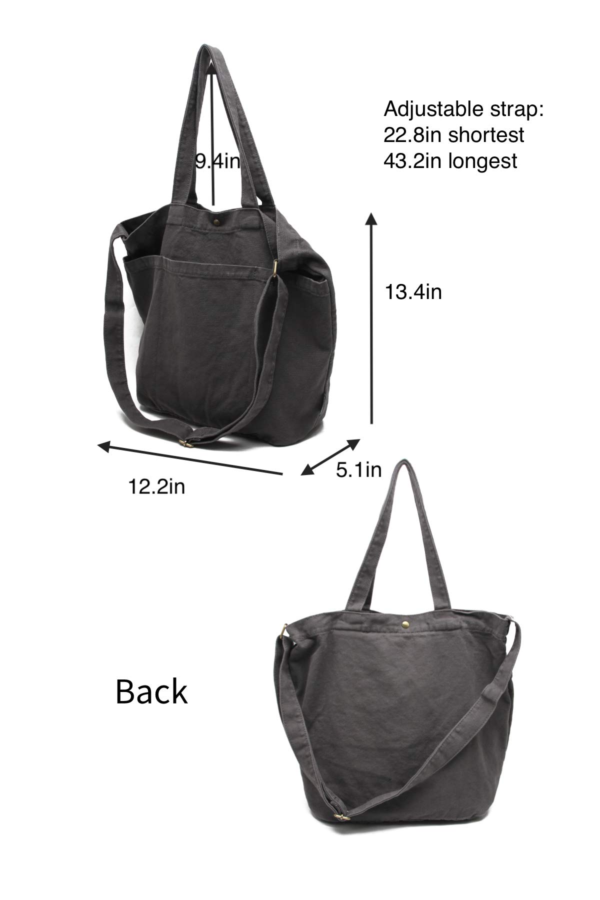 Jeelow Washed Canvas Tote Handbag Shoulder Bag Purse Crossbody With Pockets For Men & Women