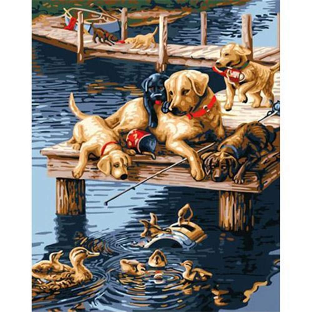 MONDART Paint by Numbers for Adults Beginners Kits DIY Oil Painting Kit Canvas Acrylic Pigment Arts Craft for Home Wall Decor Christmas Gift-Puppies and Ducks 16x20 Inch (NO Frame)