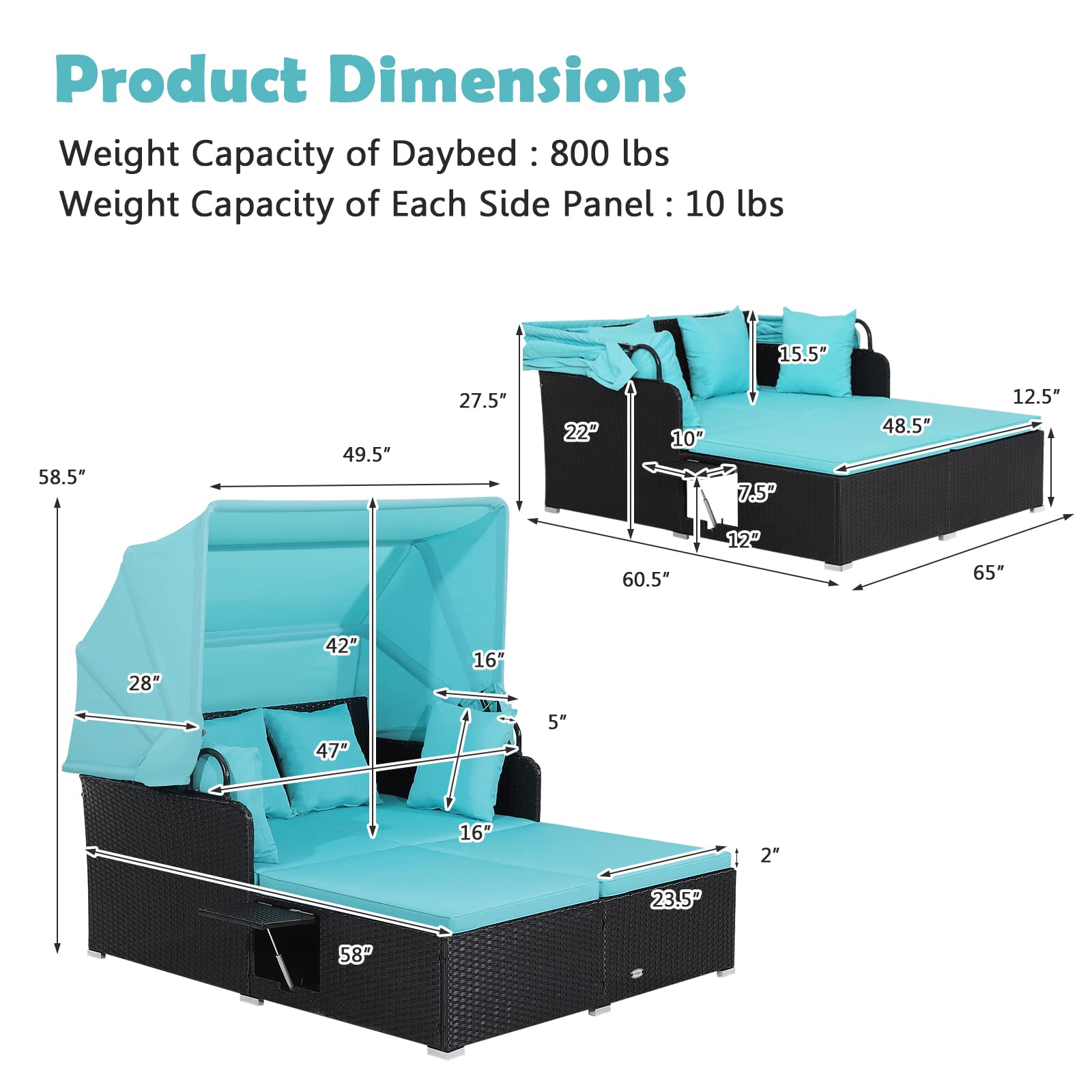 Salches Outdoor Daybed, Patio Daybed with Retractable Canopy, High-Resilient Soft Cushions, Foldable Side Trays, Outdoor Bed Loveseat for Garden, Backyard, Porch (Turquoise)