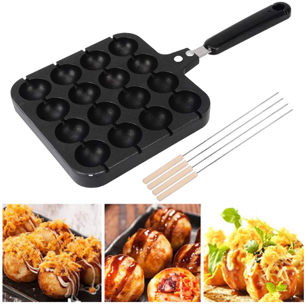 Takoyaki Grill Pan Plate, 16 Holes Stuffed-Pancake Pan Takoyaki Maker, Takoyaki Baking Mold Tray with 4 Baking Pins | Non Stick, Cooking Baking Mold Tool for Octopus Ball(black)