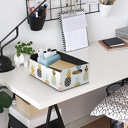 Fabric Storage Cube (Geometric Gold Pineapple) 13.7 × 10.2 × 5.1 inch, Large Capacity Decorative Foldable Storage Basket Organizer with Handles Rectangle Thick for Multi Use
