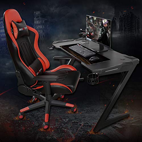 Bowthy Gaming Desk with Led Lights 47inch Carbon Fiber Gamer Desk for PC 17β Z-Shaped Gaming Table for Home Office Game Desk with Free Mouse, Pad Holder for Controller, Headphone&Drink Black