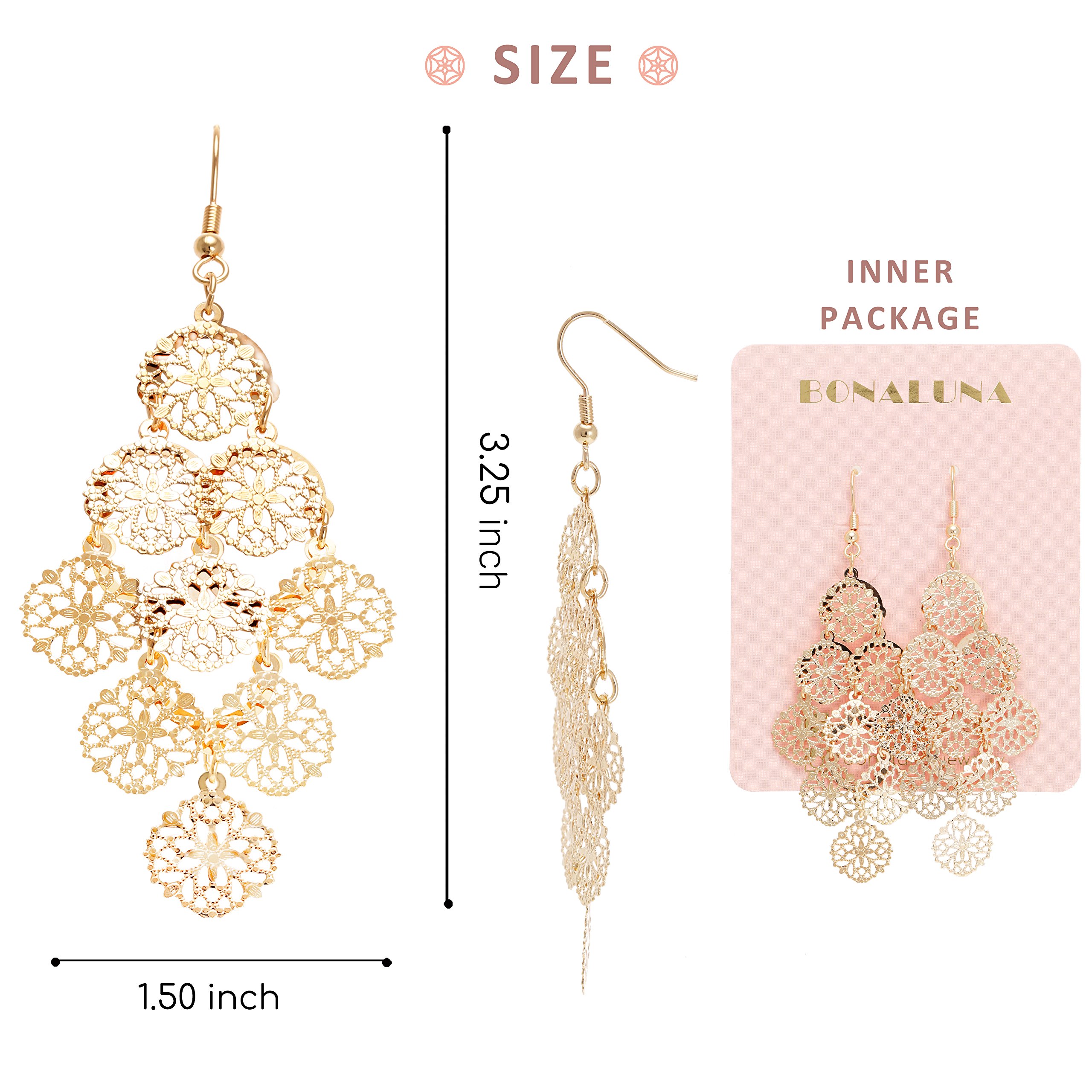 Boho Geometric Filigree Rhombus Shape Tiered Dangle Drop Statement Earrings (SHINE GOLD)