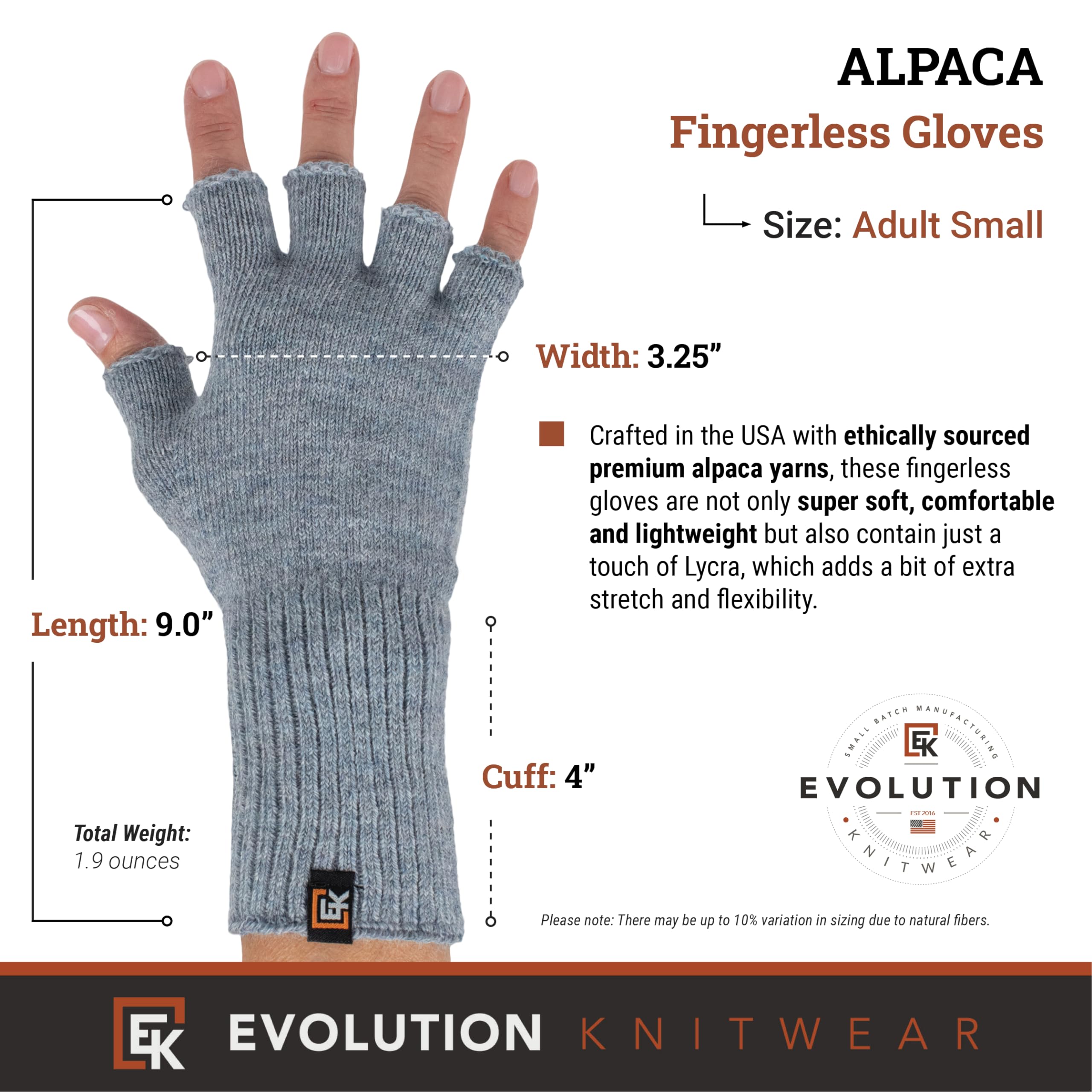 Evolution Knitwear Alpaca Knit Fingerless Gloves - Super Soft Baby Alpaca - Made in the USA - Small - Blue Grey