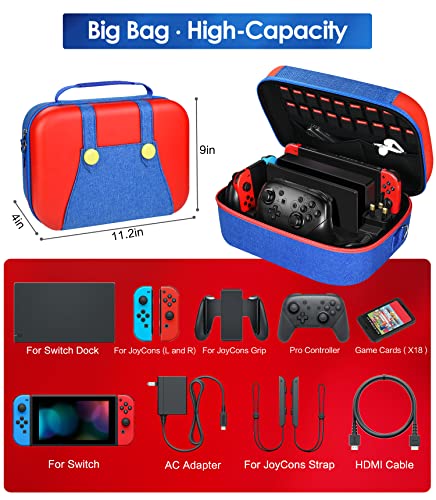 iVoler Carrying Storage Case for Nintendo Switch/Switch OLED Model,Portable Travel All Protective Hard Messenger Bag Soft Lining 18 Games for Switch Console Pro Controller & Accessories Red+Blue