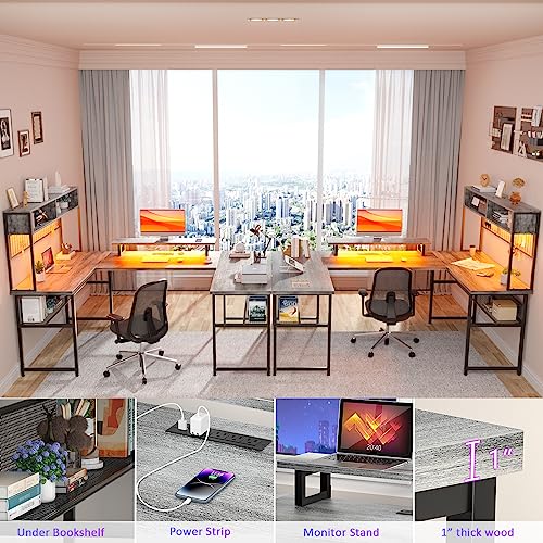 Unikito U Shaped Computer Desks with Hutch, 106 Inch Large Reversible L Shaped Office Desk with Power Outlets and LED Strip, U Shape Gaming Table with Monitor Stand and Storage Shelves, White Oak