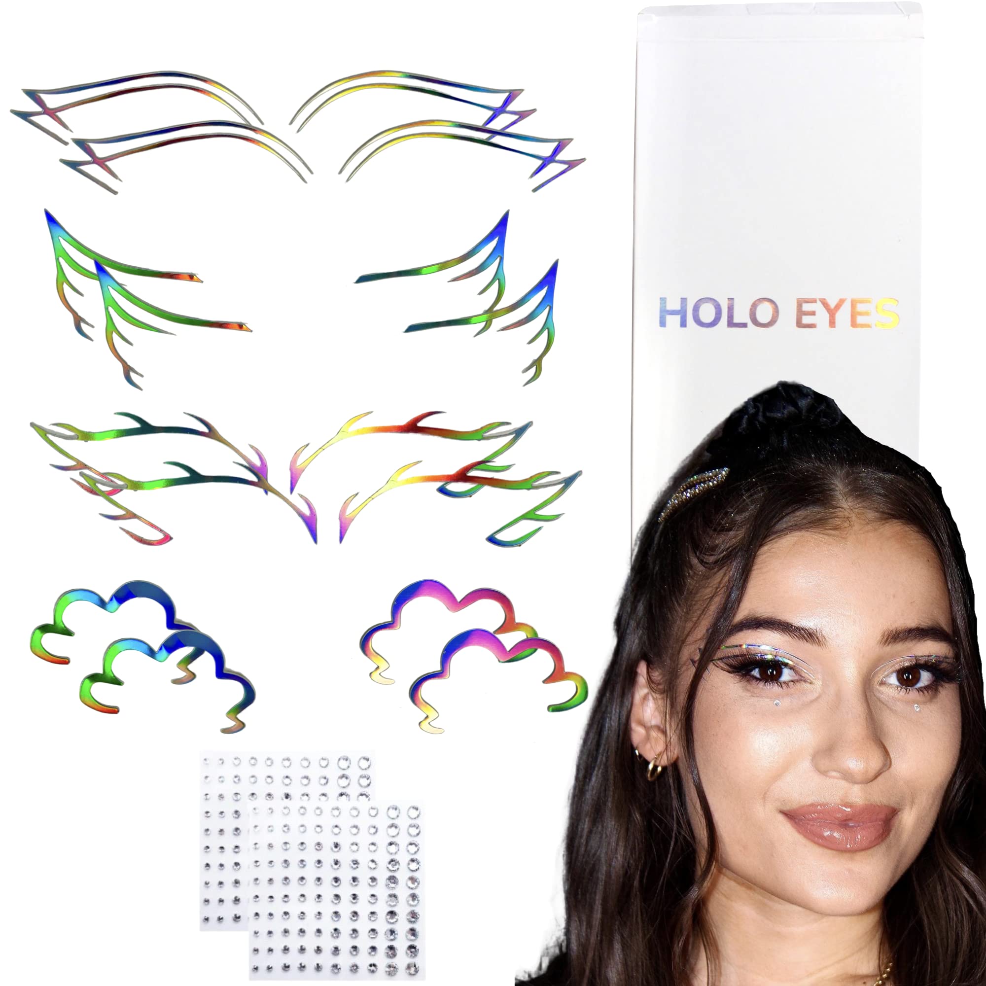HOLO EYES 5 Designs 10 Sets Holographic Eye Makeup Stickers Festival Face Gems Temporary Stickers Crystal Face Stickers Decorations Fit for Festival Rave Carnival Party and Events Euphoria