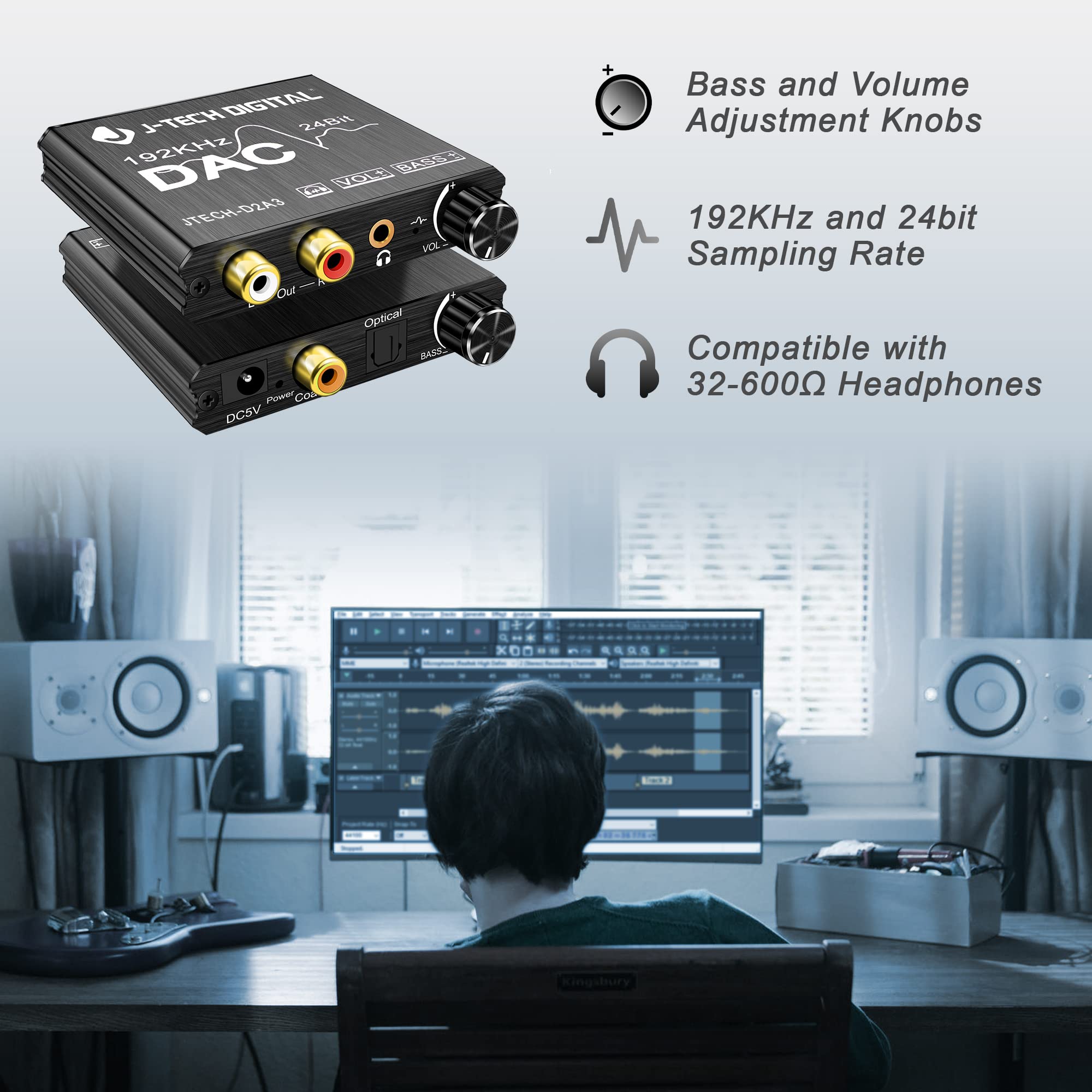J-Tech Digital Digital to Analog Audio Converter with Headphone Amplifier & Bass, Volume Control | 192kHz 24bit Optical Coaxial RCA 3.5mm [JTECH-D2A3]