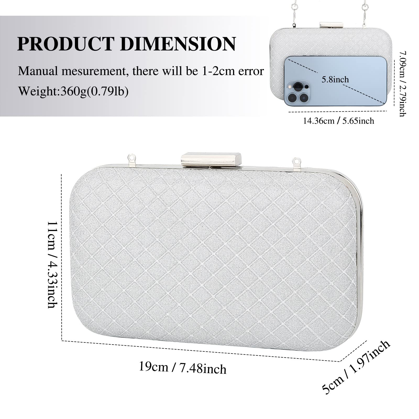Tanpell Women's Evening Bag Glittering Clutch Handbag Wedding Party Bridal Purse with Detachable Chain (Silver)