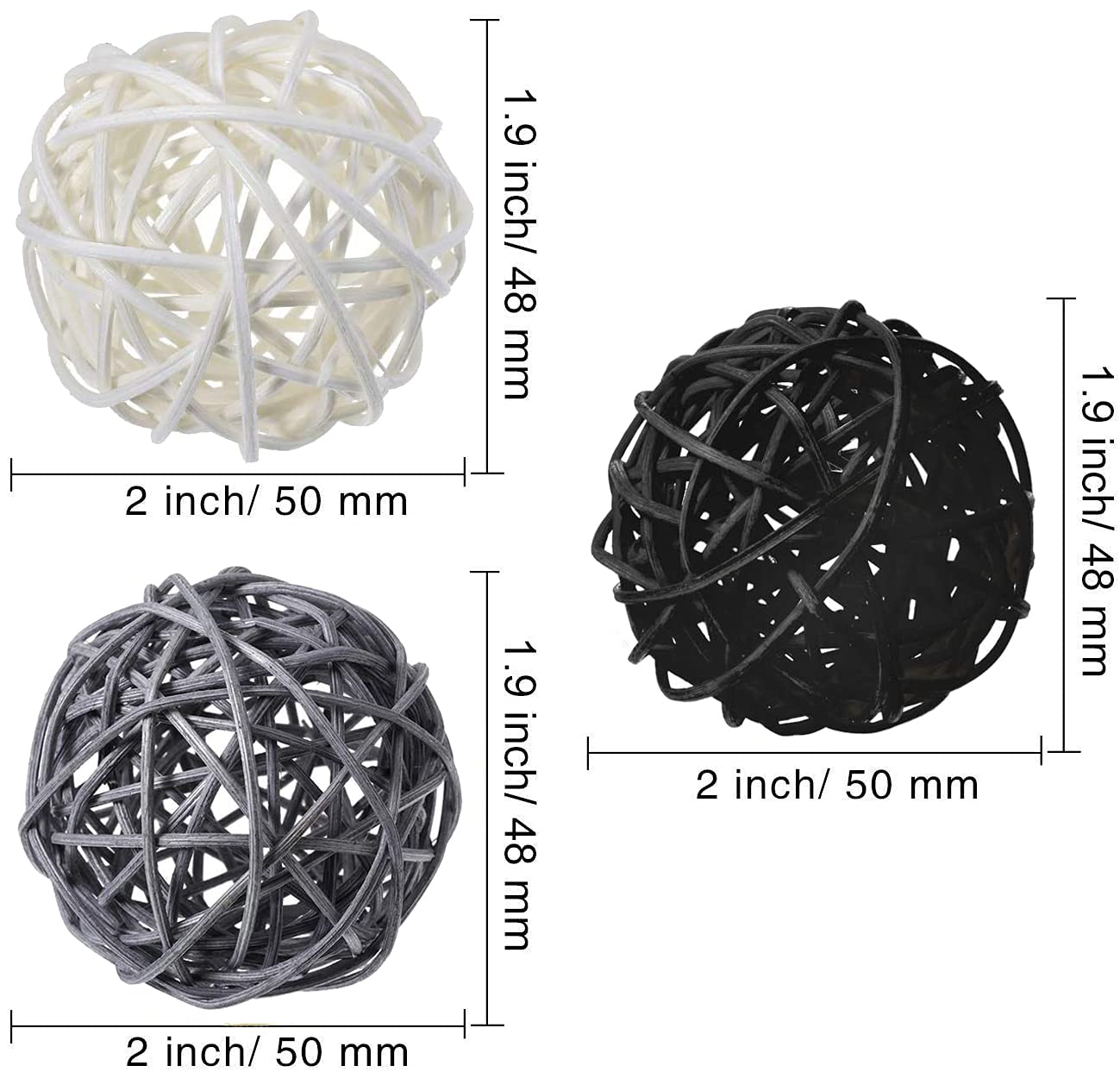 Since 15 Pieces 2inch Black White Grey Wicker Rattan Balls Sphere Orbs Vase Fillers for Christmas Party Wedding Baby Shower Garden Hanging Decor Aromatherapy Accessories