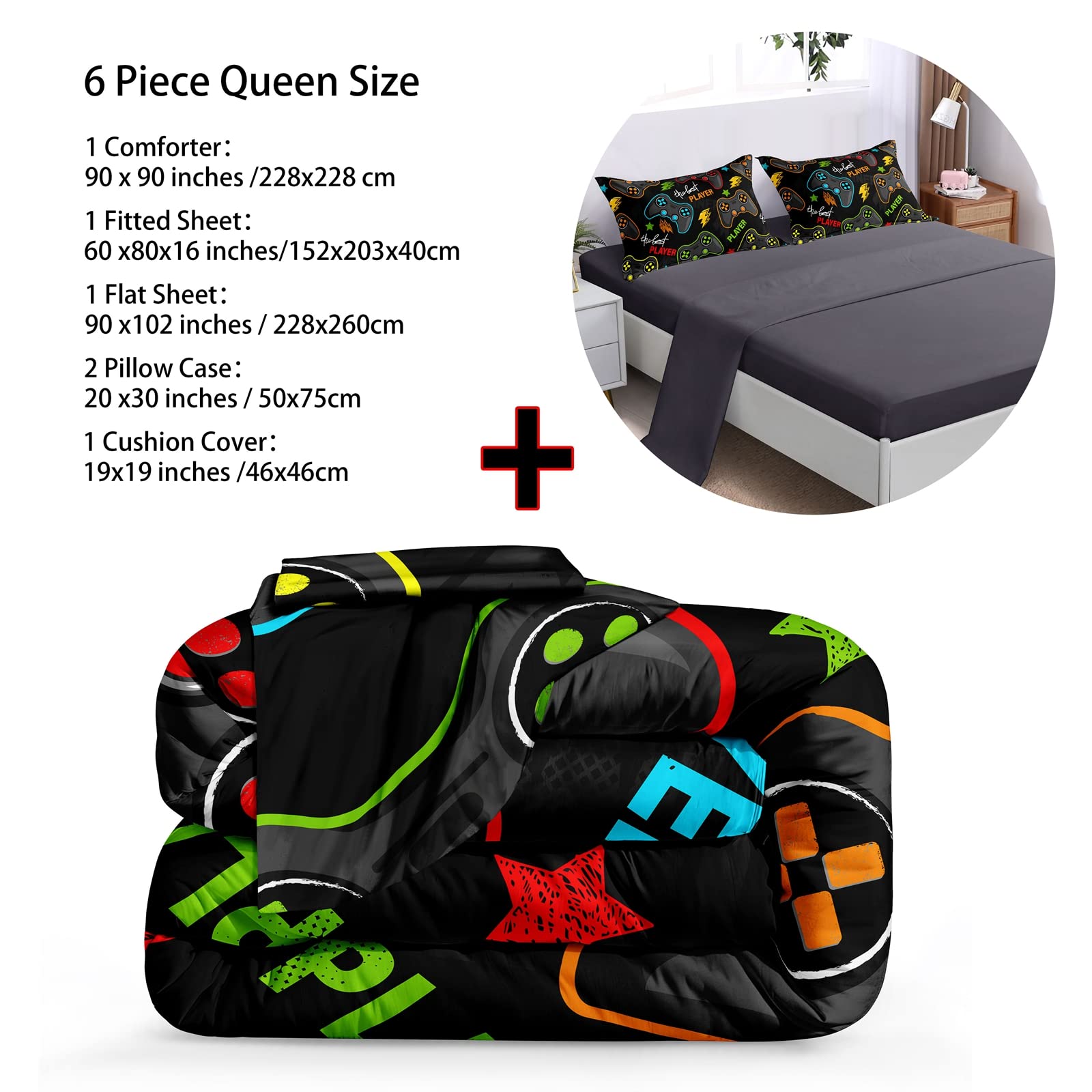 BDUCOK 6 Pieces Gamer Comforter Set for Boys Gaming Bedding Set Queen Size,Video Game Controller Comforter for Boys Kids Adult 3D Gamepad Microfiber Bedding Sets 6 Pieces Bed in A Bag Sets3011,Queen
