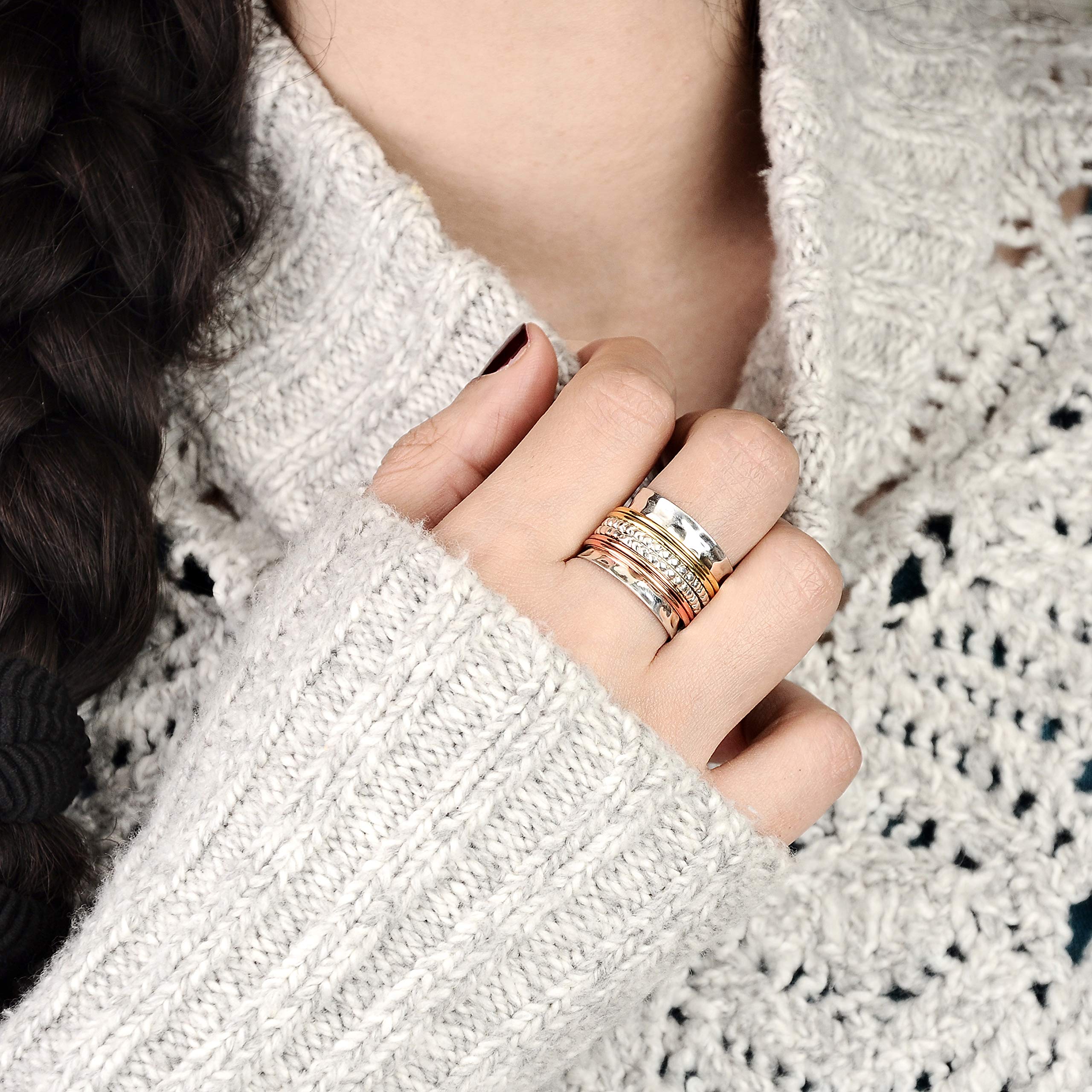Boho-Magic 925 Sterling Silver Spinner Ring with Brass and Copper Fidget Rings for Women Wide Band (10)