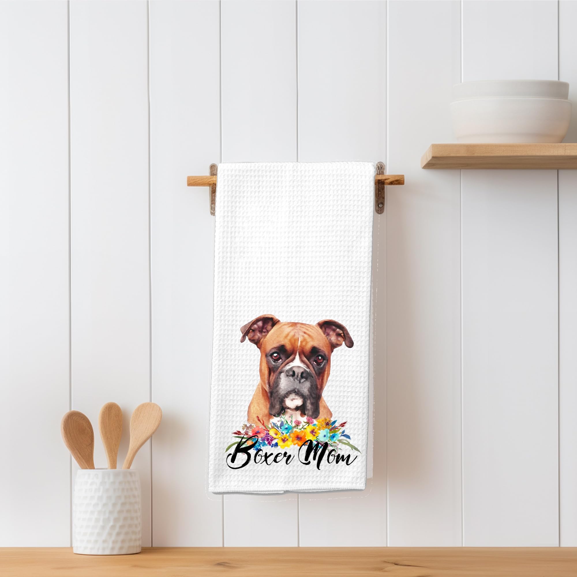 Boxer Mom Floral Waffle Weave Microfiber Kitchen Hand Towel Gift for Dog Lover