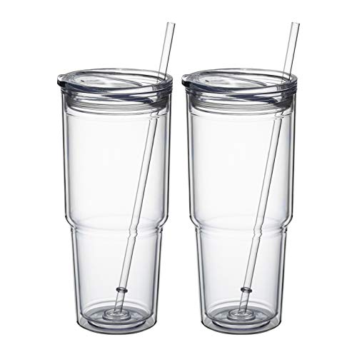 MEWAY 30oz/2 pcs Classic Insulated Tumblers,Double Wall Acrylic Tumbler with Lid,Reusable Plastic Insulated Tumblers with Straw,for cold drinks, sand ice, whatever you like(transparent,2 pack)