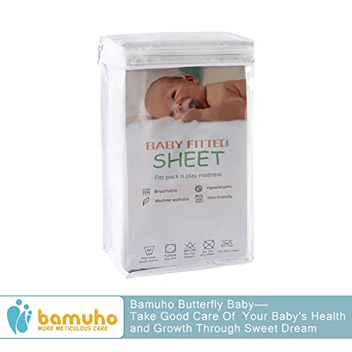 Bamuho 2 Pack Pack n Play Sheets, Fitted Mini Crib Sheet for Portable Playard Pack and Play Soft Baby Sheet - Grey and White 38"x26"x5"