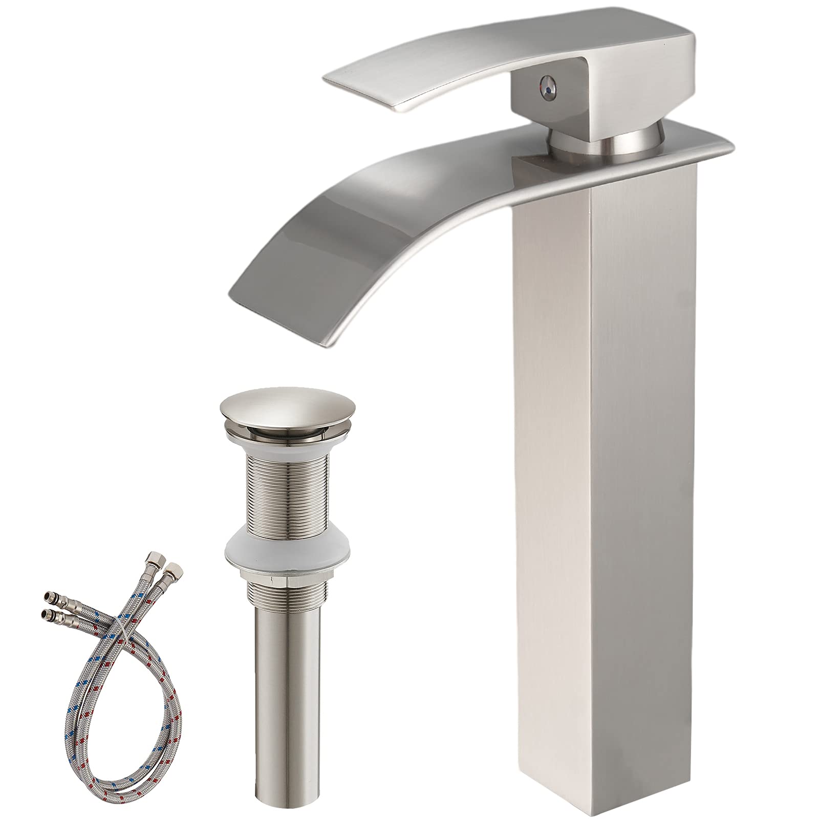 BWE Vessel Sink Faucet Modern Waterfall Brushed Nickel Single Hole Bathroom Faucet Single Handle with Pop up Drain Without Overflow Assembly Vanity Basin Bath Sink Faucets Mixer Tap Lead-Free