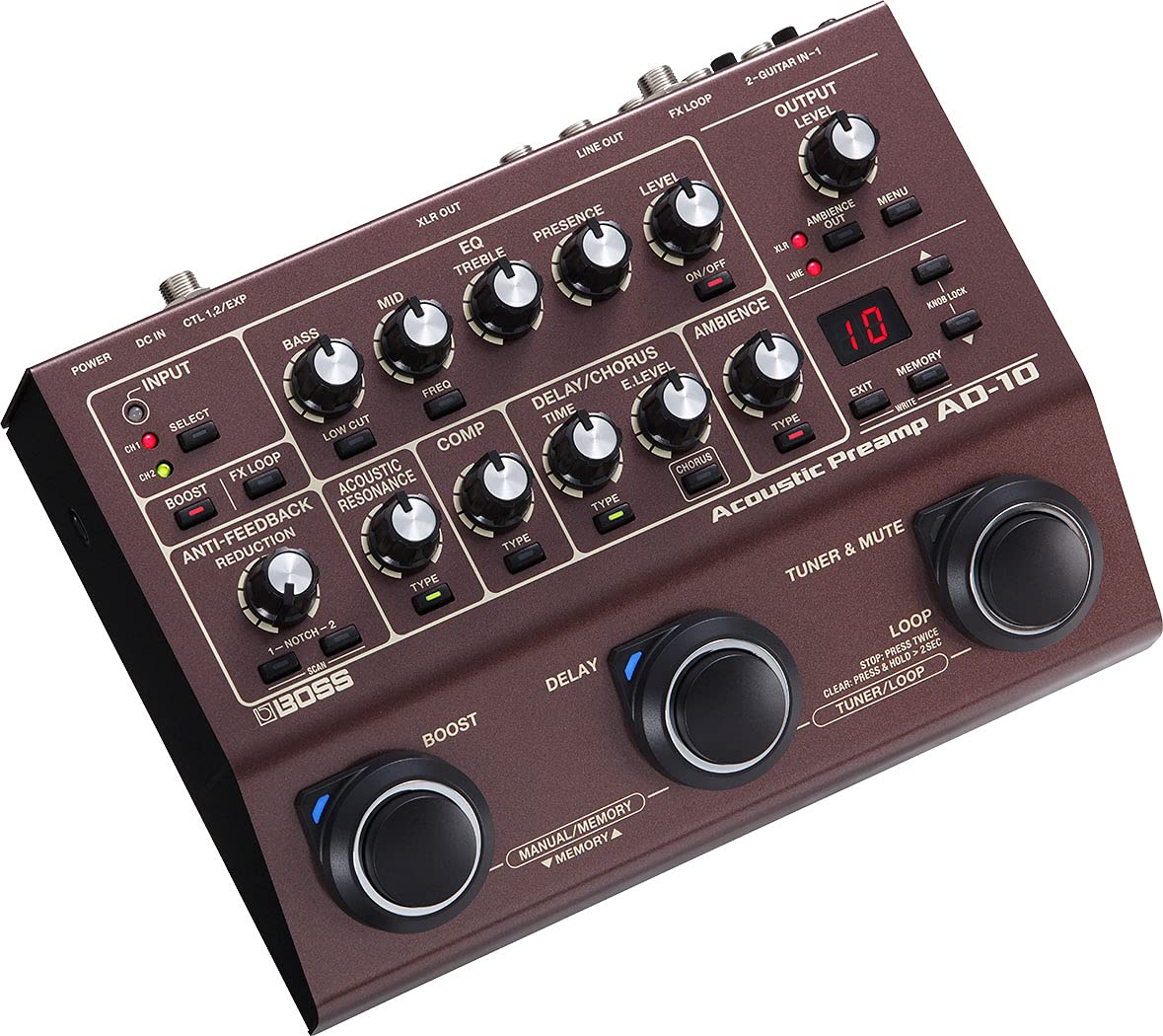 Boss AD-10 Acoustic Preamp Bundle with 10ft Instrument Cable, 6in Patch Cable, and Picks