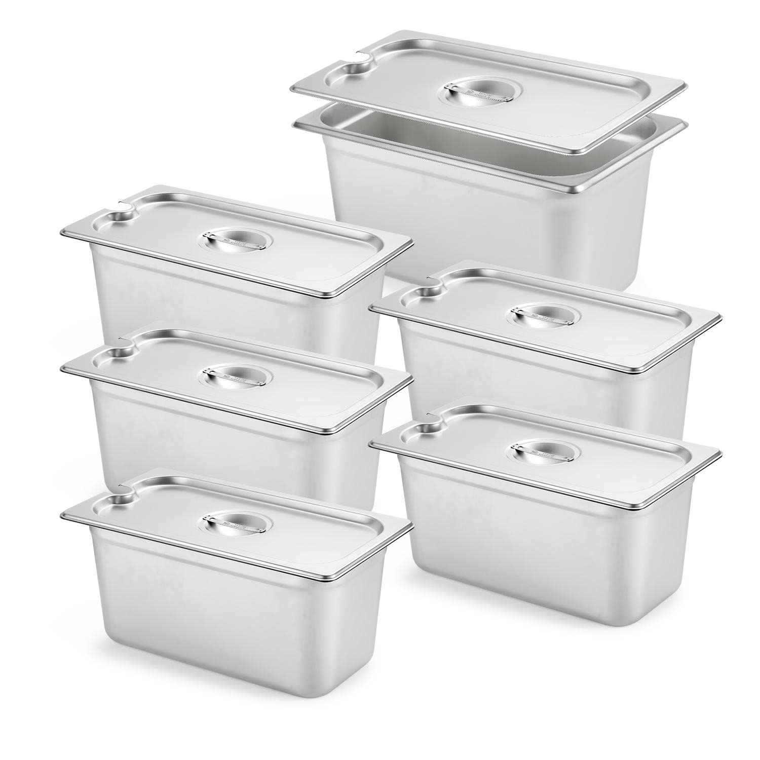 CURTA 6 Pack Anti-Jam Slotted Hotel Pans with Lids, 1/3 Size 2 1/2 Inch Deep, NSF Commercial 18/8 Stainless Steel Chafing Steam Table Food Pan with Covers