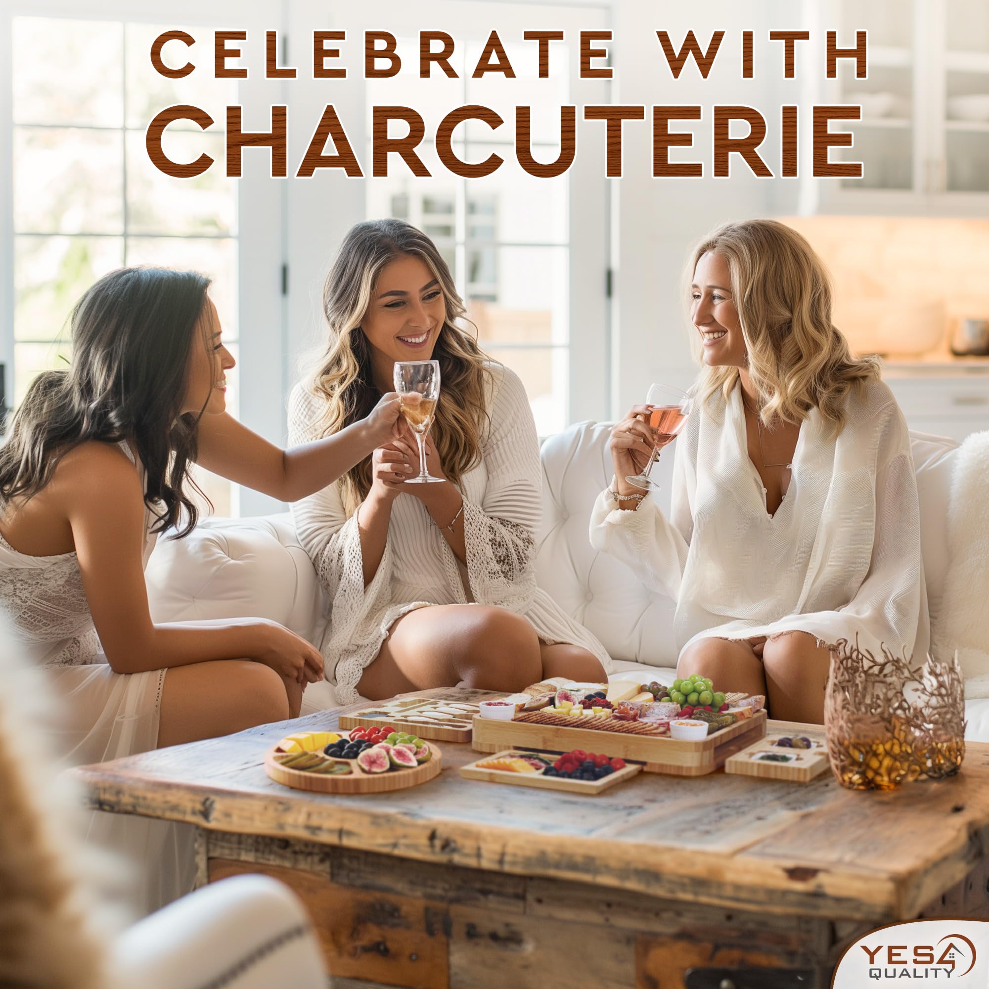 Charcuterie Boards Deluxe Gift Set - 23 Pieces, Bamboo - Large Cheese Board Plus Fruit Tray for Thanksgiving Party, Christmas Present, Birthday w/ Utensil Drawer, Knives, Forks, Wine Opener & More