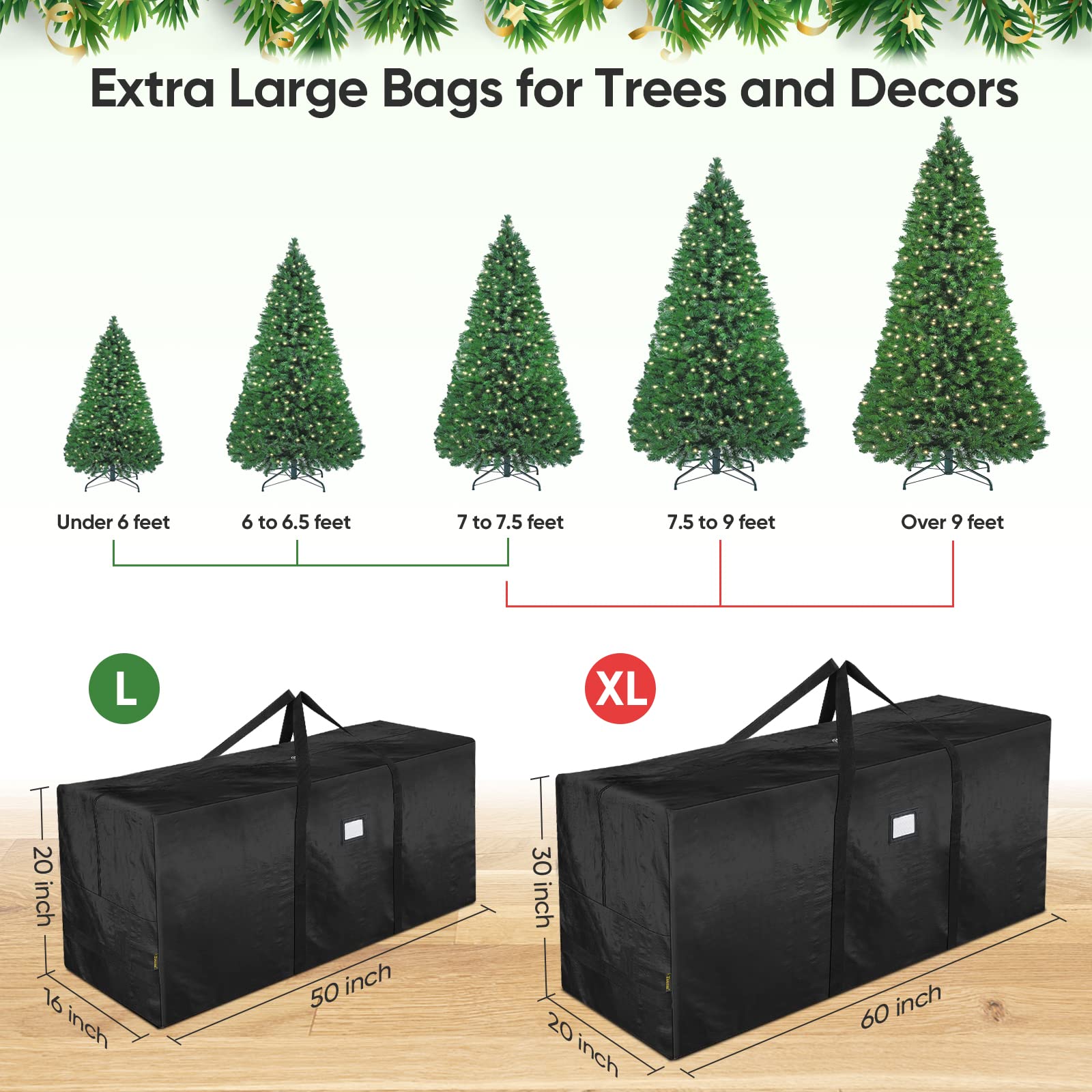 BALEINE 7.5 ft Christmas Tree Storage Bag, Heavy Duty Extra Large Artificial Christmas Tree Bag with Reinforced Handles and Dual Zippers Wide Opening (Black/Black, 7.5 ft)
