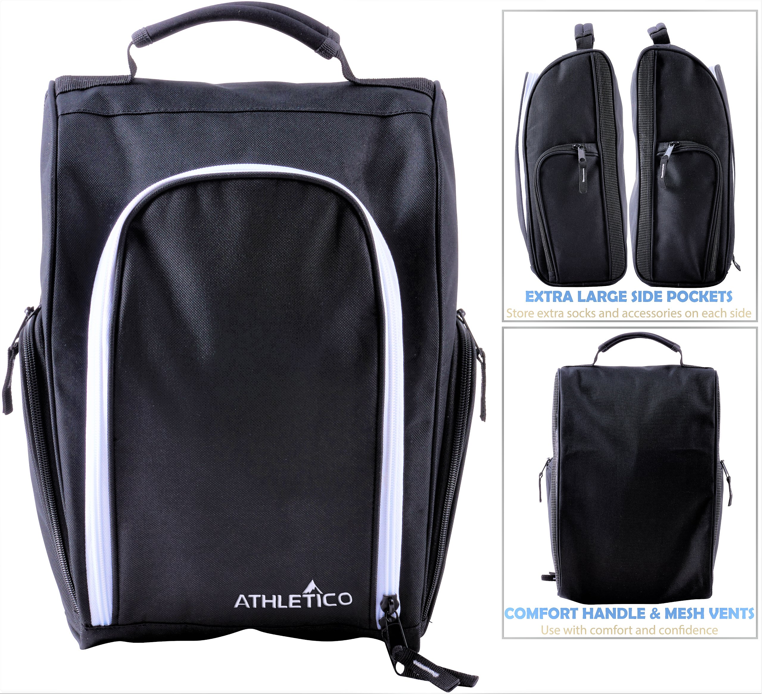 Athletico Golf Shoe Bag - Zippered Shoe Carrier Bags With Ventilation & Outside Pocket for Socks, Tees, etc. Perfect Storage (Black)