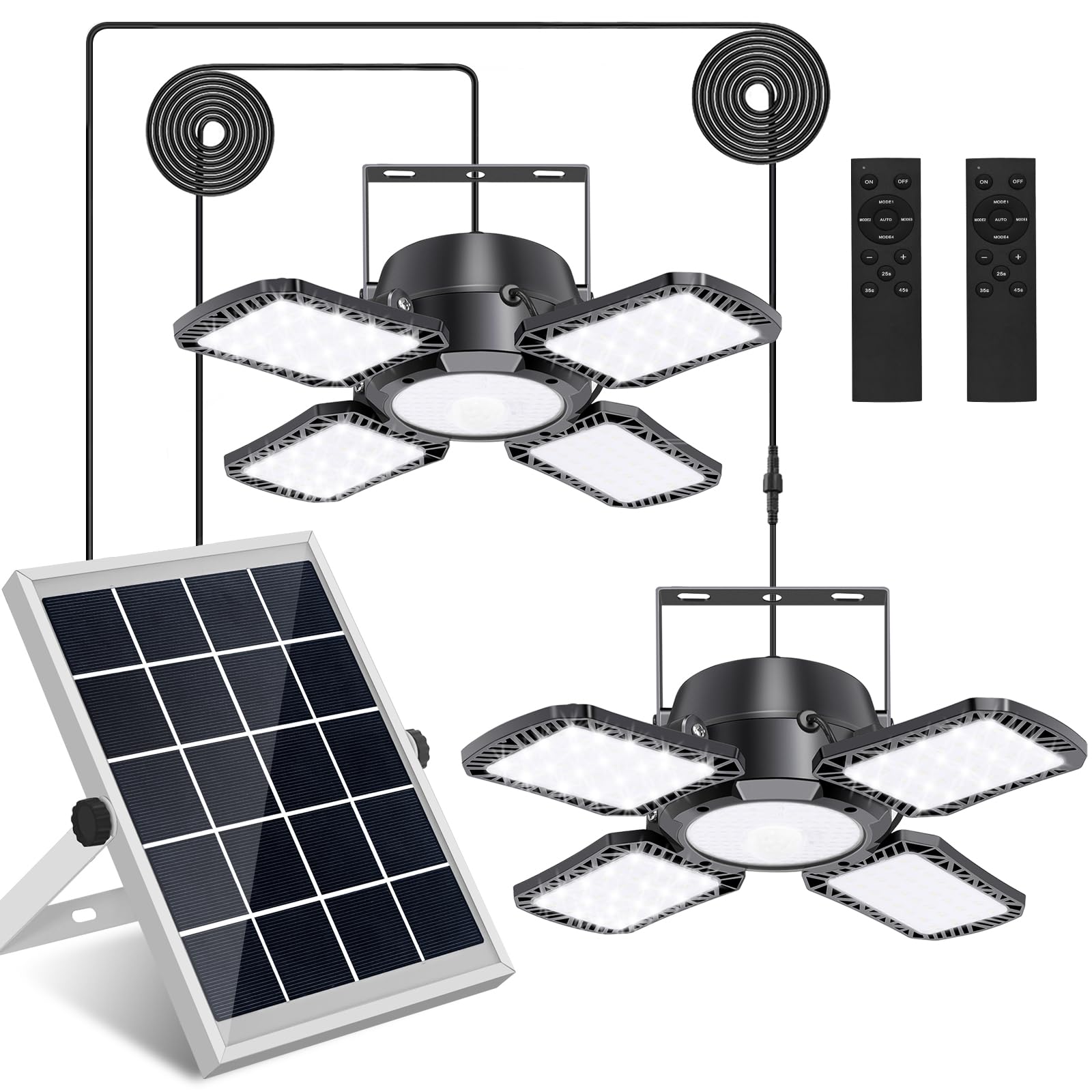 Yomisga Solar Pendant Lights Adjustable Solar Panel with Dual Lamps Indoor Shed Light 176 LED IP65 Waterproof Outdoor Motion Sensor Light with Remote Control for Shop, Garage, Barn, House