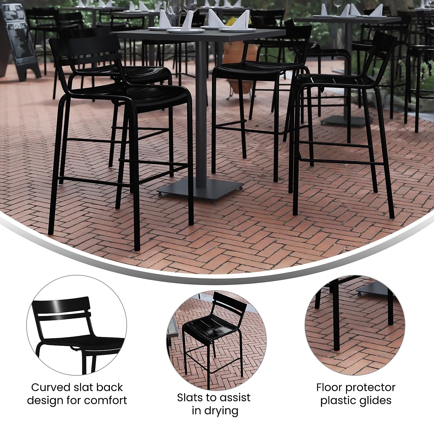 Flash Furniture Nash Commercial Grade Steel Stack Stool, Indoor-Outdoor Bar Stool with 2 Slat Back, Set of 4, Black