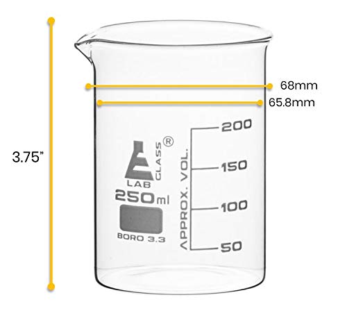 EISCO Premium 250 mL Beakers, Pack of 12 - Low Form Griffin - 50mL Graduations - Borosilicate Glass - Excellent Strength Against Breakage