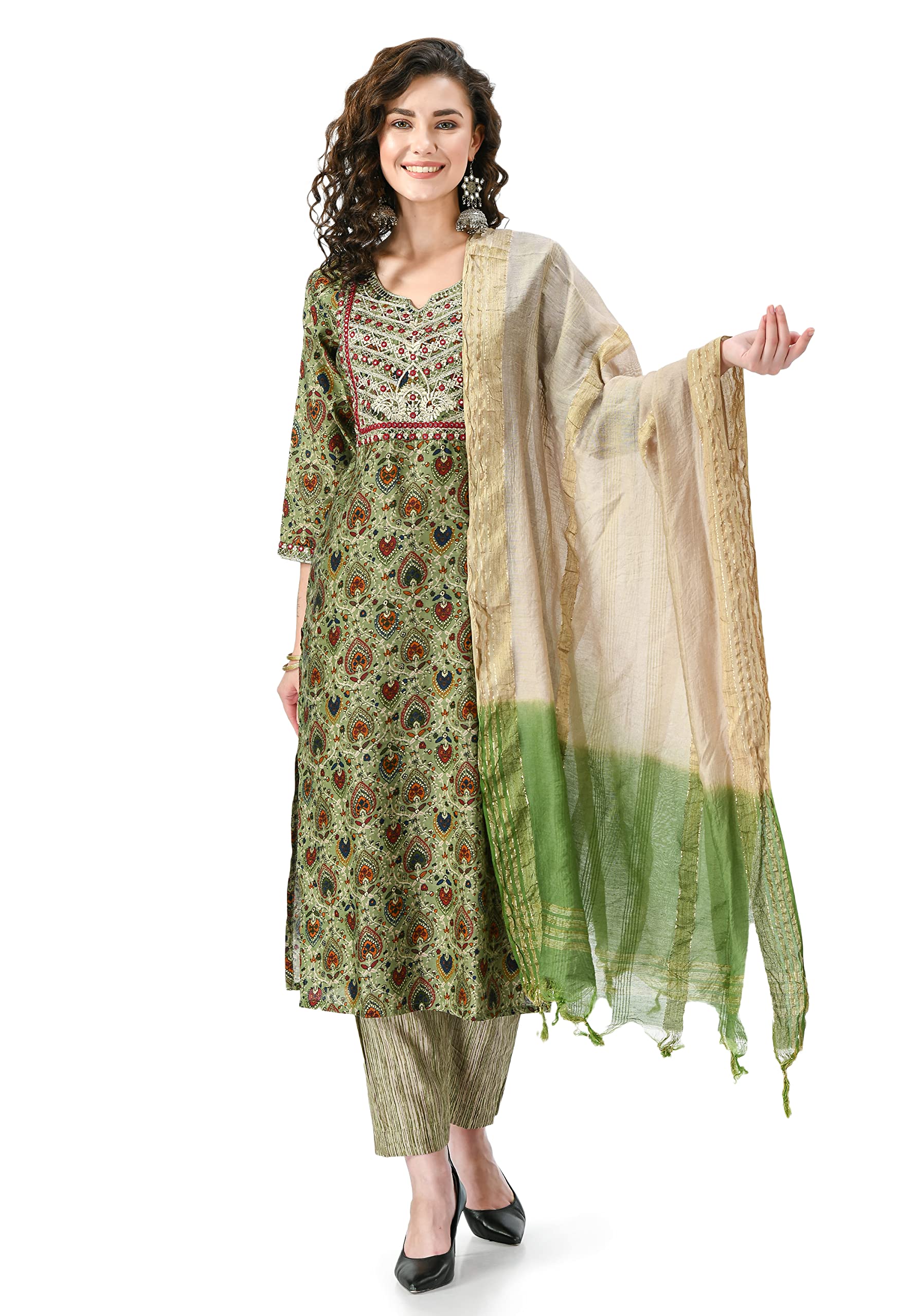 AnjuShree Choice Women Diwali Kurti Pant set with Dupatta Green