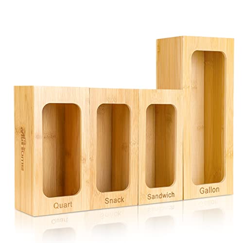 MGhome Bamboo Ziplock Bag Storage Organizer for Drawer, Plastic Bag Zip Lock Food Storage Baggie Assorted Sizes Organizer Dispenser for Snack Gallon Quart Sandwich,Compatible with Ziploc, Solimo, Glad, Hefty
