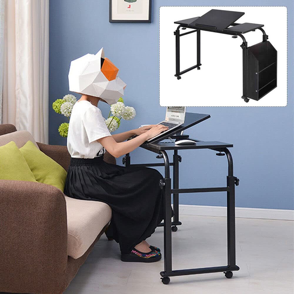 JAYEUW Multifunctional Computer Desk, Overbed Table Laptop Desk, Height+Length Adjustable Standing Desk, Movable Study Writing Desk w/Wheels, Adjustable Table Top+Storage Shelf (US Stock)