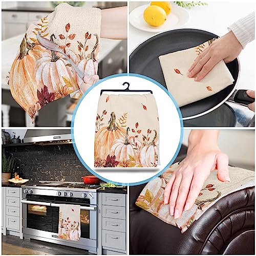 Fall Kitchen Towels Set Pink Pumpkins Flower Thanksgiving Dish Towel Autumn Harvest Maple Leaves Dishcloths,Absorbent Soft Cotton Dish Cloths Tea Towels Fall Seasonal Decoration Hand Towels Set