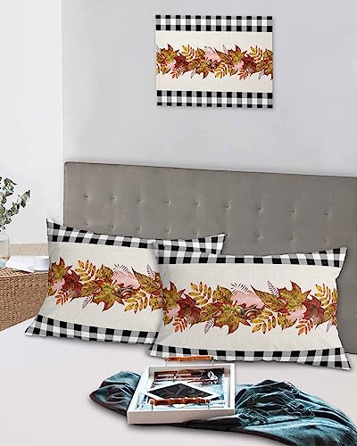 Edwiinsa Thanksgiving Pillow Covers Standard Size Set of 2 Bed Pillow, Farmhouse Fall Maple Leaf Black White Plaid Plush Soft Comfort for Hair/Skin Cooling Pillowcases with Envelop Closure 20''x26''