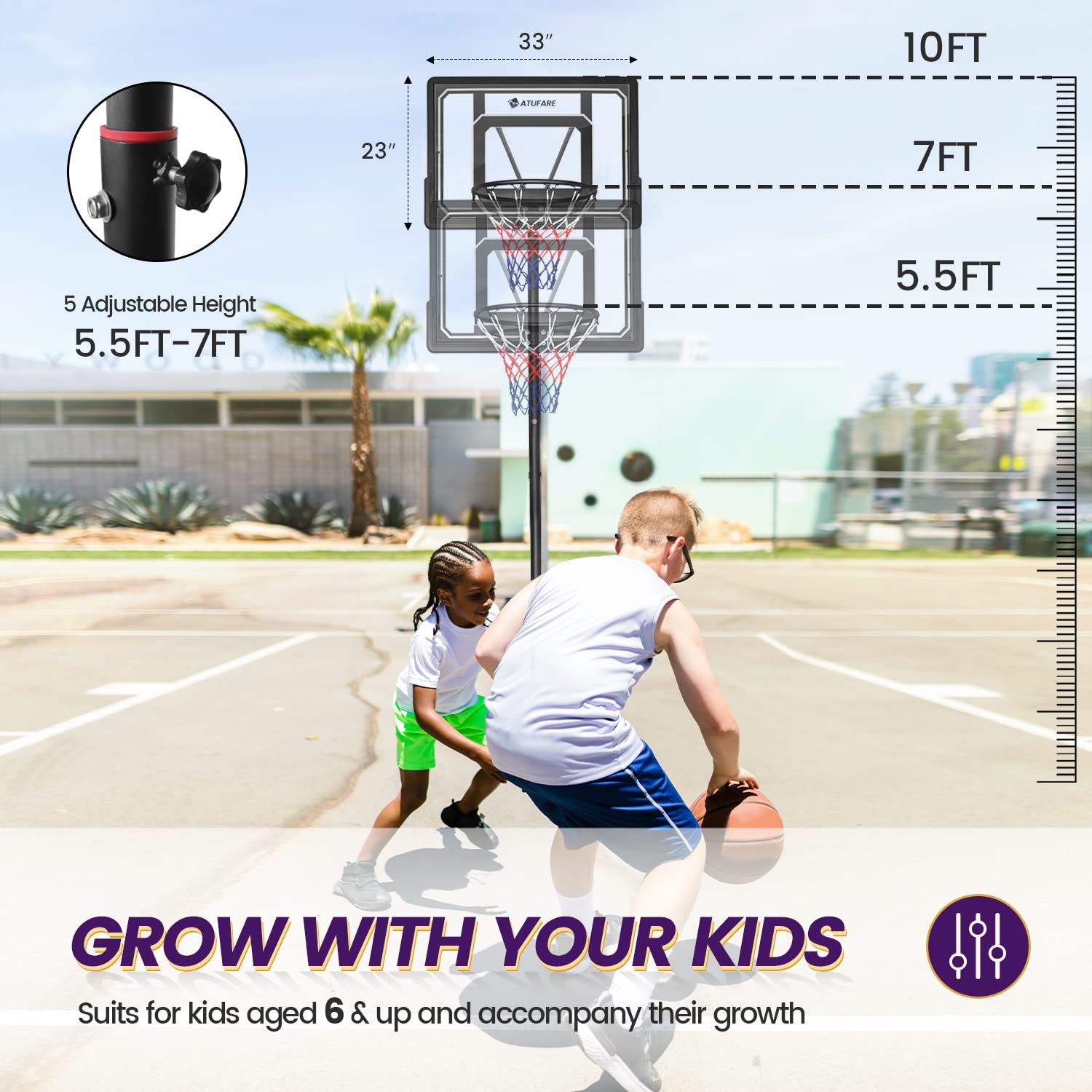 Basketball Hoop Outdoor for Kids Portable Goal System, 5.5-7FT Height Adjustable, 33.5" Backboard &15" Rim, Indoor (Black)