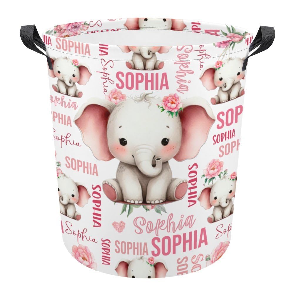 Custom Elephant Laundry Baskets,Personalized Elephant Gifts,Customize Baby Name Laundry Hamper for Kids Boys Girls Adults,Collapsible Clothes Storage Organizer,One Size