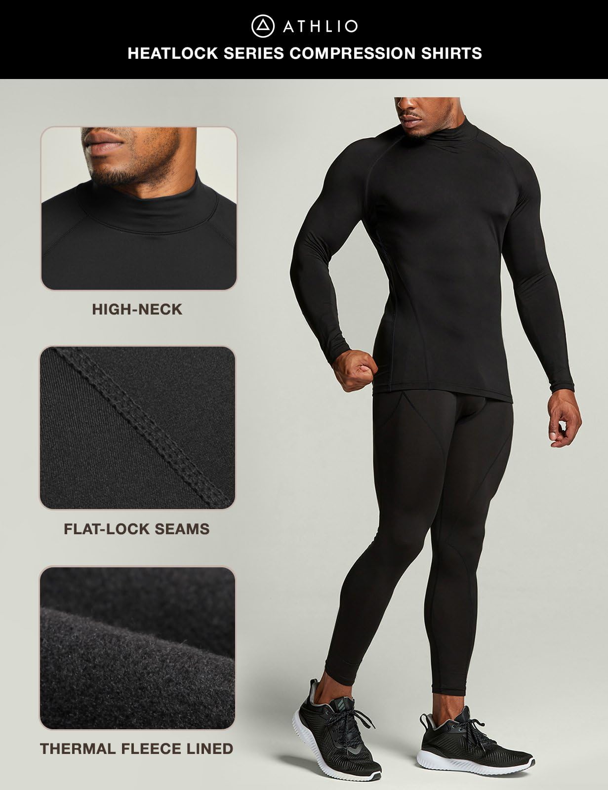 ATHLIO Men's Thermal Long Sleeve Compression Shirts, Turtle/Mock Winter Sports Base Layer, Active Running Shirt, Active Shirts 3pack Black/Black/Black, Medium