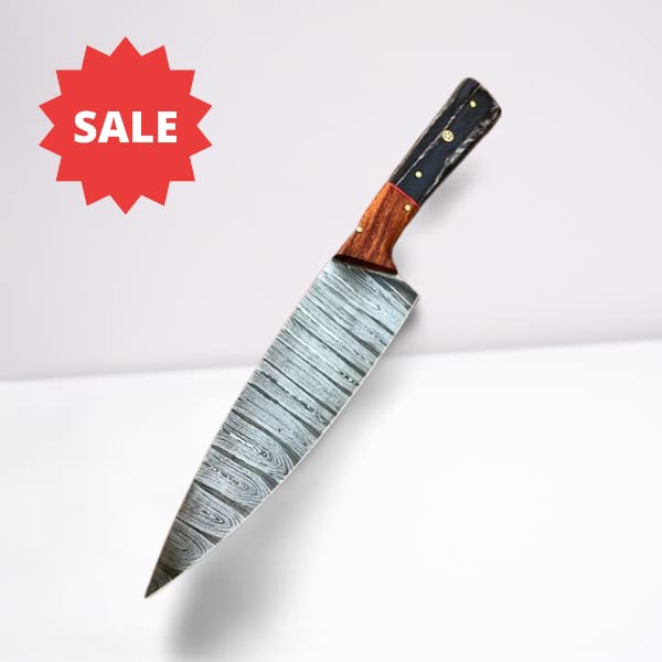 CUSTOM HANDMADE DAMASCUS STEEL CHEF KNIFE KITCHEN KNIFE W/ WOOD HANDLE WITH LEATHER SHEATH, Black, 12.5 Inches