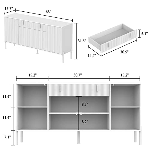 FAMAPY Modern Credenza Sideboard Buffet with Drawer & Pop-Up Doors, Buffet Sideboard Storage Cabinet with Black Metal Legs, for Living Room Hallway Black and Gold (63”W x 15.7”D x 31.5”H)