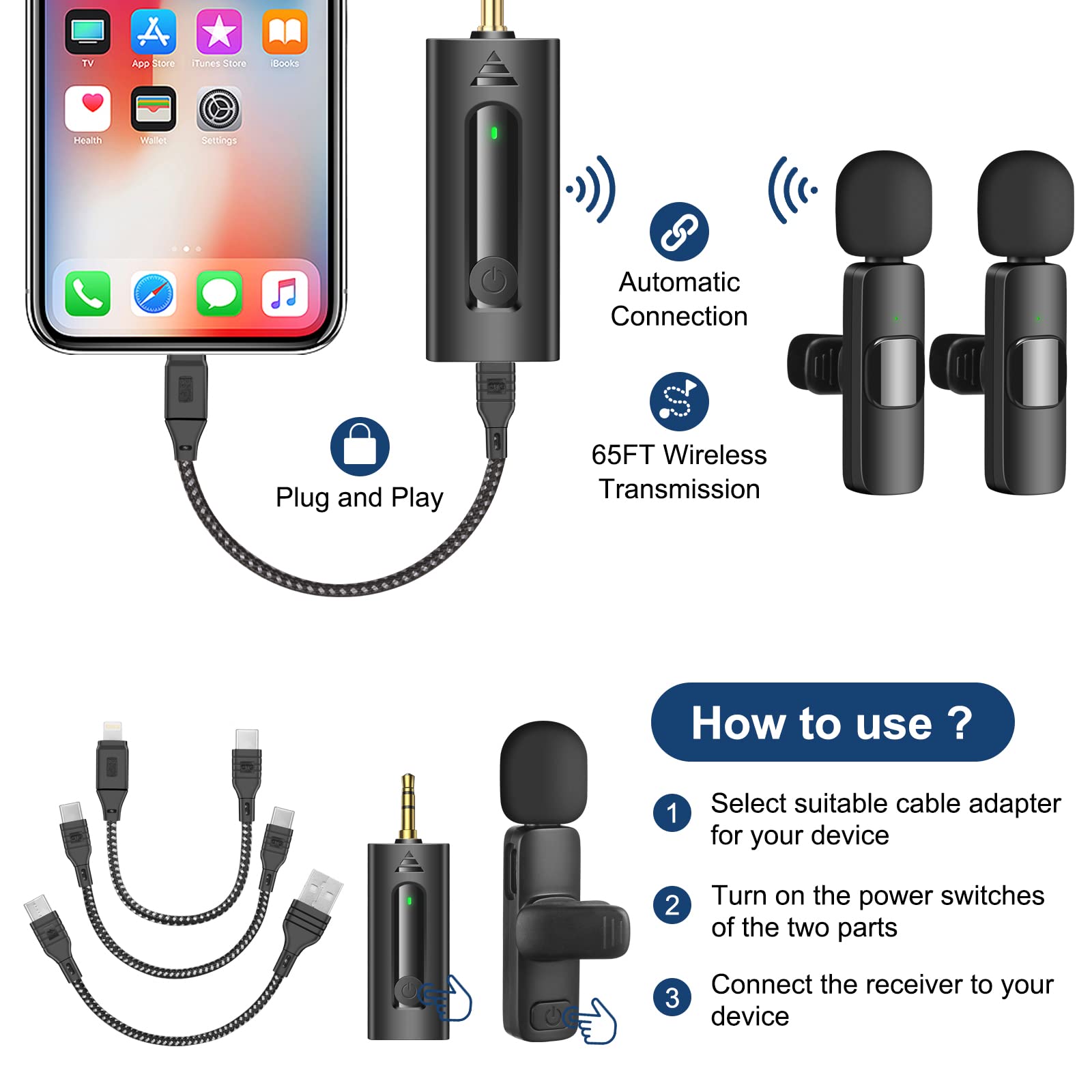 BZXZB Wireless Microphone for iPhone, Android Phone, Camera, Laptop, MacBook, Professional Dual Lavalier Clip on Mic with 3 Cable Adapters for Video Recording, Vlog, Tiktok, YouTube, Meeting