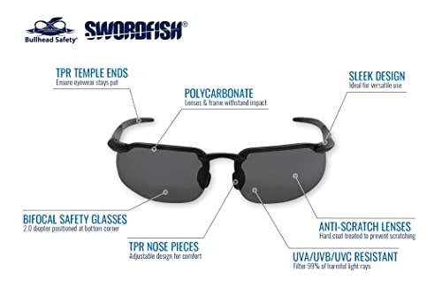 Bullhead Safety Swordfish Bifocal Safety Glasses, 2.0 Diopter, ANSI Z87+, Reader Glasses with UV Light Protection and Anti-Scratch Coating, Smoke Lenses, Matte Black Frame