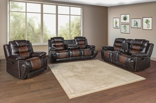 New Classic Furniture Nikko Faux Leather Manual Console Loveseat with Dual Recliners, Brown