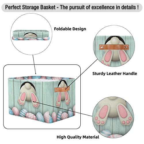 UOYO Easter Eggs Basket Bunny Tail Rabbit Wooden Large Storage Basket Bin With Handles Fabric Toys Box Collapsible Closet Shelf Blanket Organizer Basket Decorative for Nursery Bedroom Kids Room